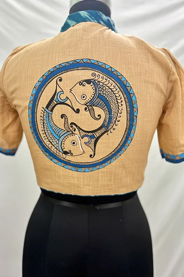 Beige Blue Alpona Fish Motif Handpainted Colllared Blouse – thesaffronsaga