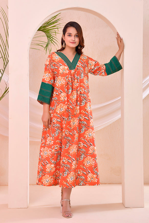 Tangerine Floral Block Print Kaftan Style Nighty Dress – thesaffronsaga