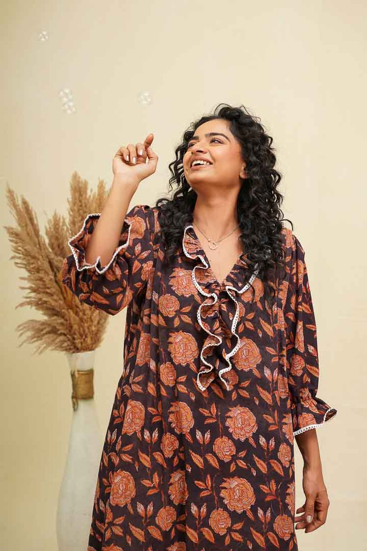 Brown Floral Block Printed Kaftan Nighty Dress – thesaffronsaga