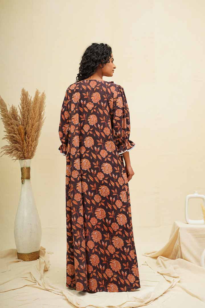 Brown Floral Block Printed Kaftan Nighty Dress – thesaffronsaga