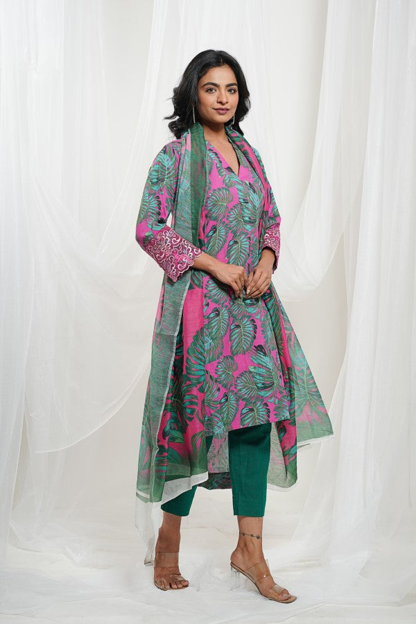 Rani Pink Green Cotton Tropical Print Kurta Set – thesaffronsaga