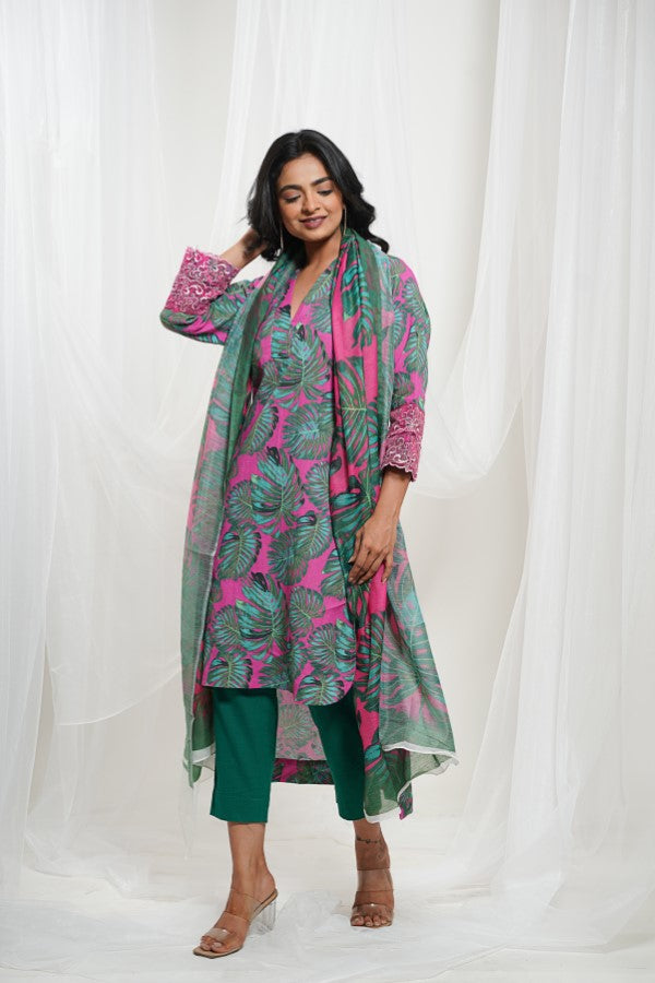 Rani Pink Green Cotton Tropical Print Kurta Set – thesaffronsaga