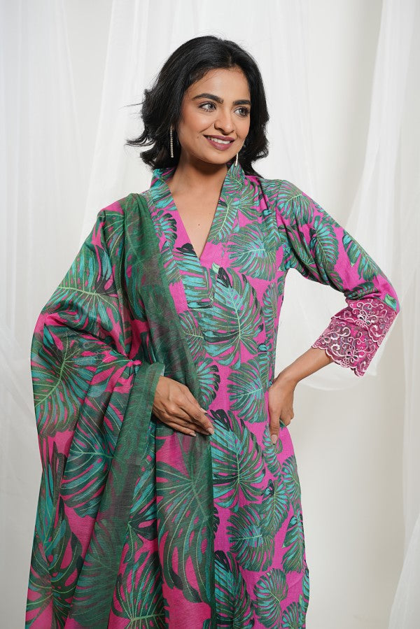 Rani Pink Green Cotton Tropical Print Kurta Set – thesaffronsaga