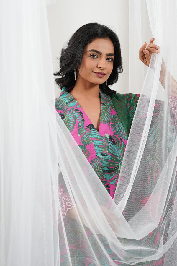 Rani Pink Green Cotton Tropical Print Kurta Set – thesaffronsaga