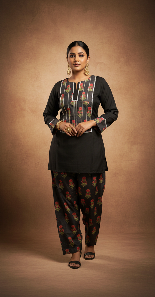 Nargis Black Mughal Print Embroidered Farshi Salwar Set – thesaffronsaga