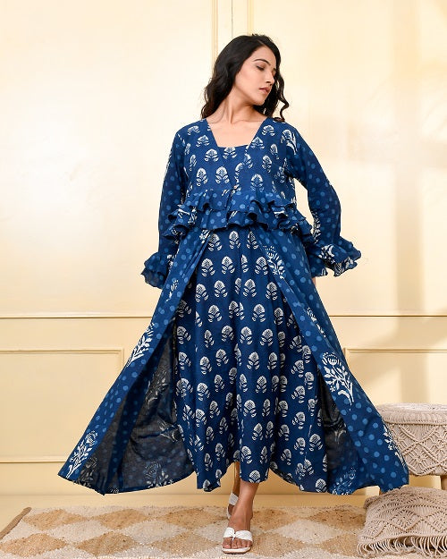 INDIGO BLUE DOUBLE LAYERED NIGHTY DRESS WITH SHRUG – thesaffronsaga