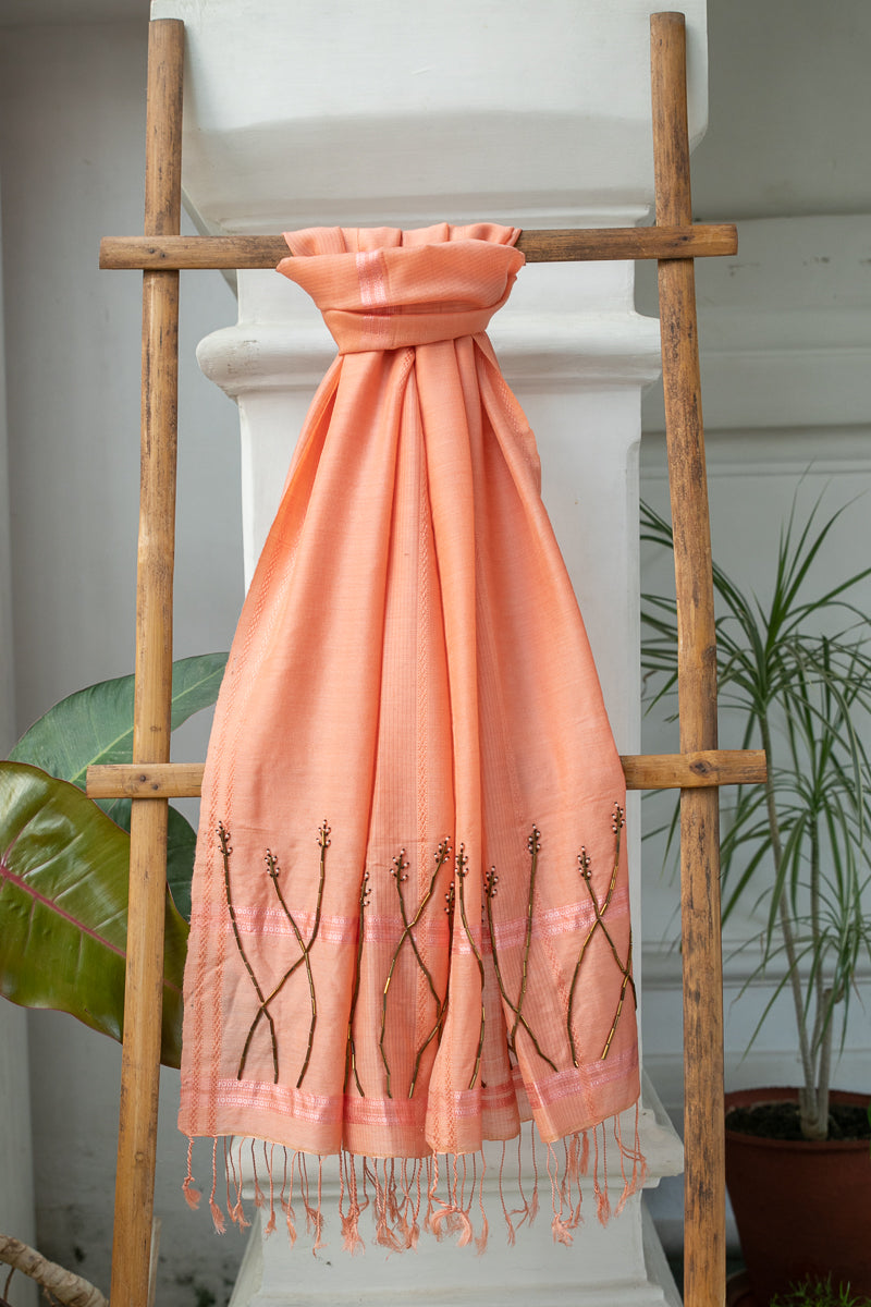 Salmon Pink Wool Hand Embroidered Stole – thesaffronsaga